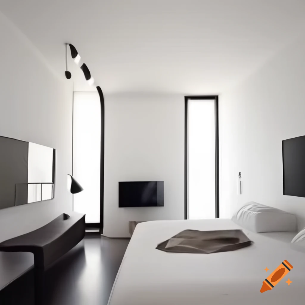 Modern minimalist L-shaped bedroom with white walls and sleek furniture ...