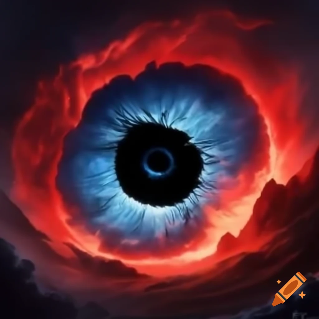 Top view of blue eye in blood-red water of volcanic crater on Craiyon