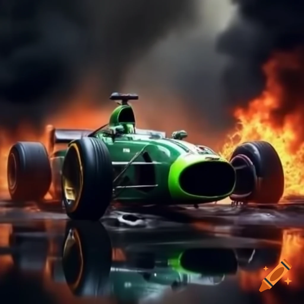 Wrecked green F1 racecar on fire with smoke on Craiyon