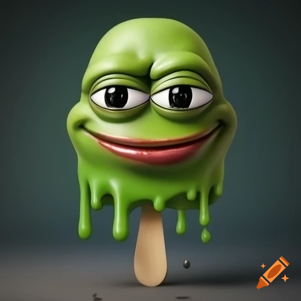 Realistic green melting Pepe head on popsicle stick on Craiyon