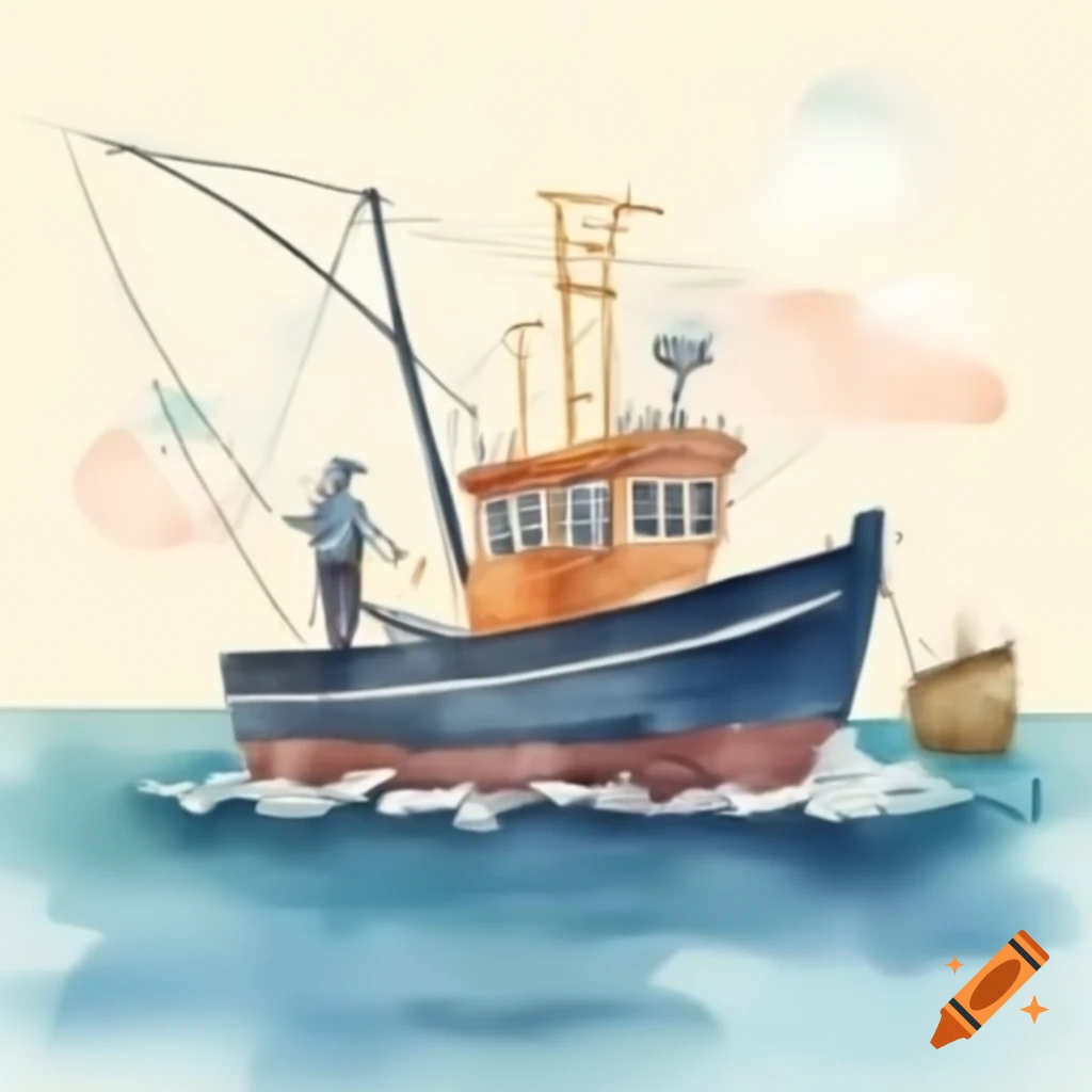 Watercolor drawing of a fisherman on a trawler with a creel on Craiyon