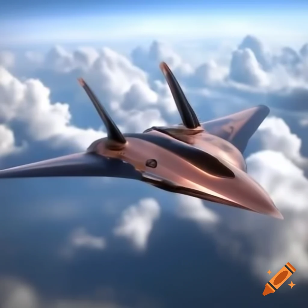 Futuristic aircraft with rose gold details flying in cloudy skies on ...