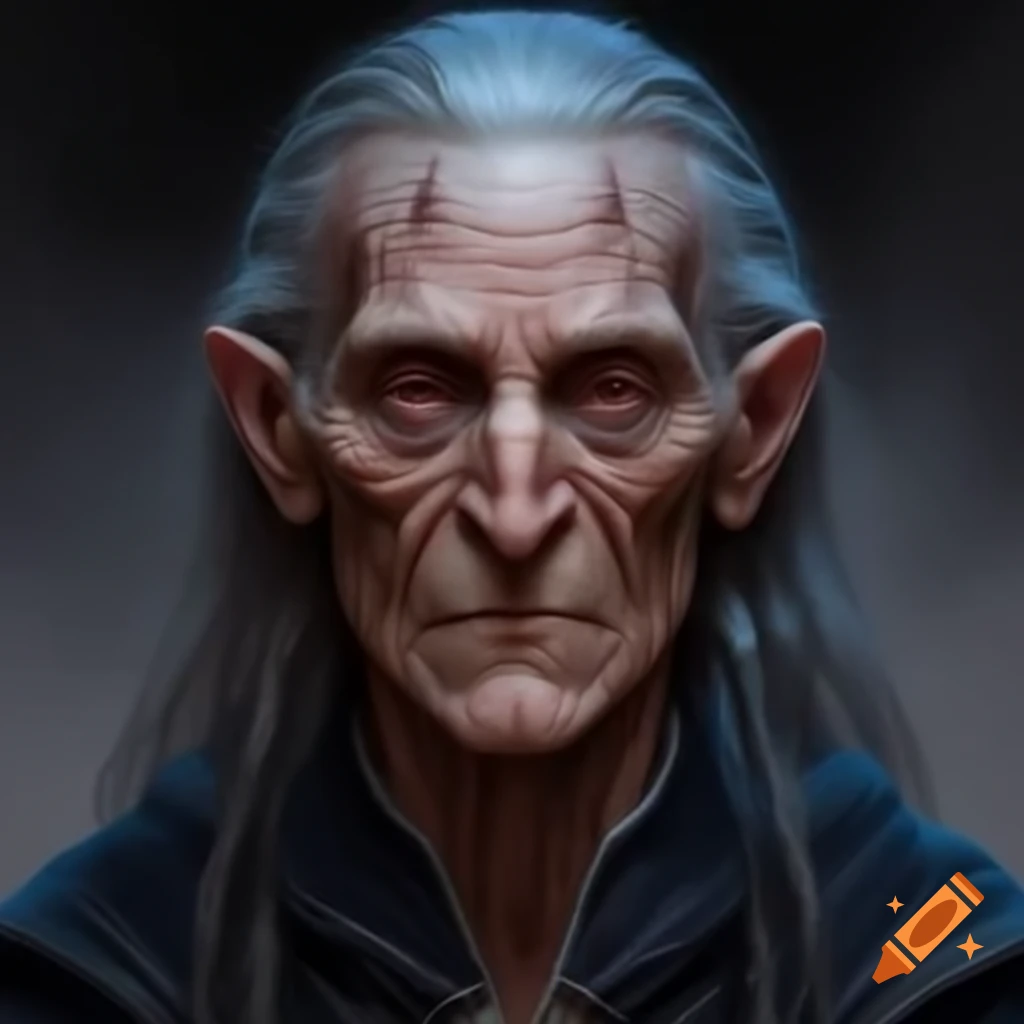 Old human wizard with wrinkled skin, blue-grey eyes, and short grey ...