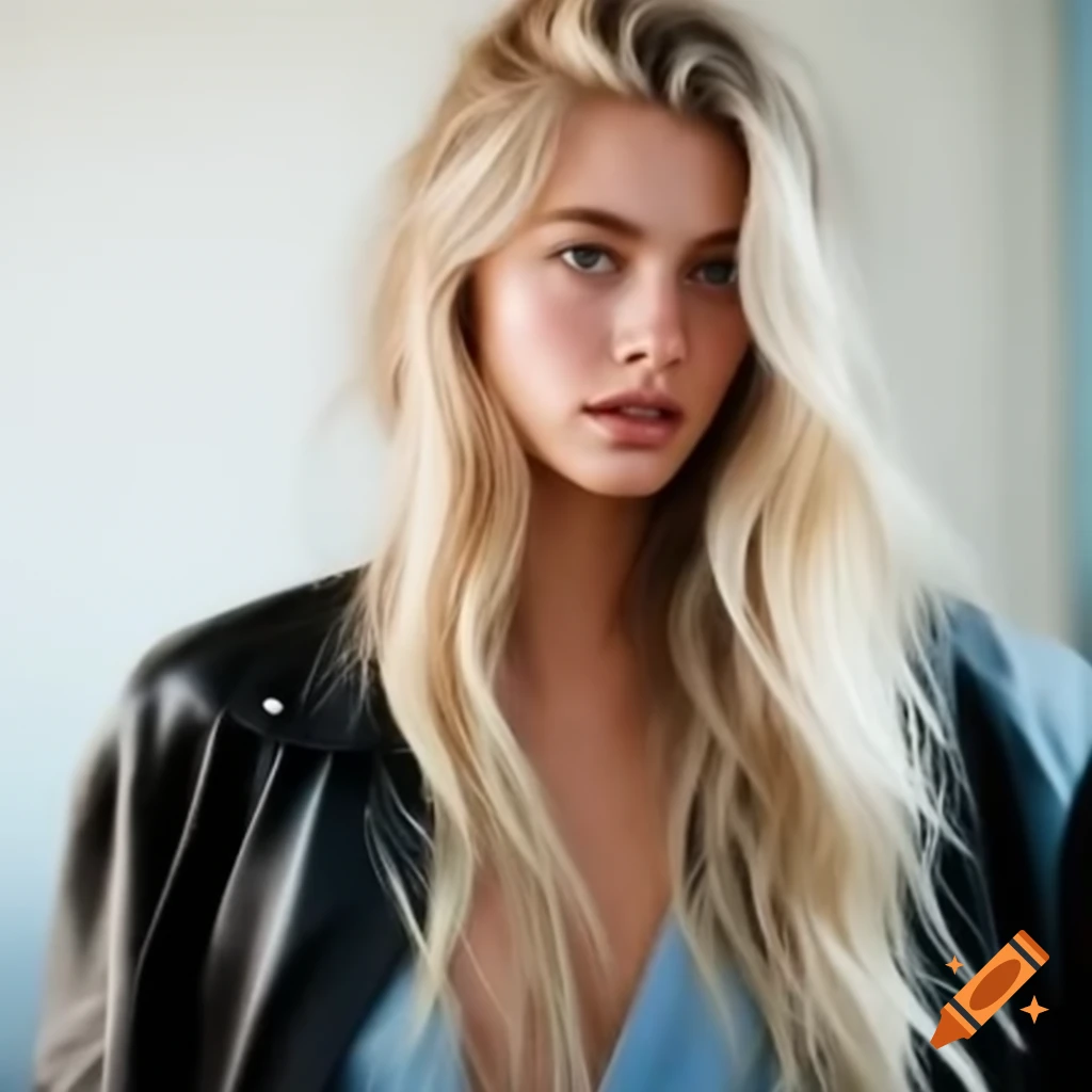Beautiful blonde woman with long wavy hair wearing black attire on Craiyon