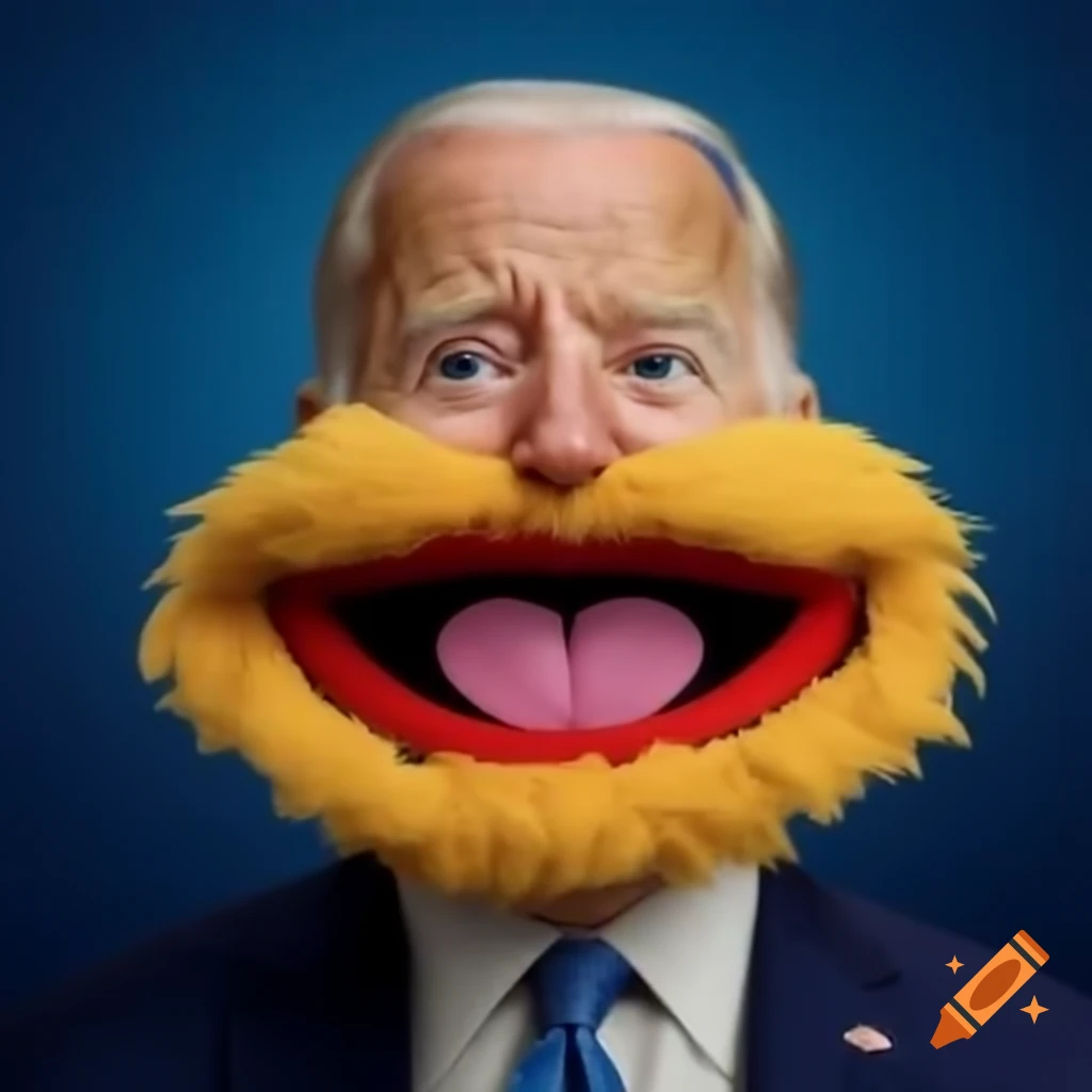 Humorous depiction of Joe Biden interacting with a muppet on Craiyon