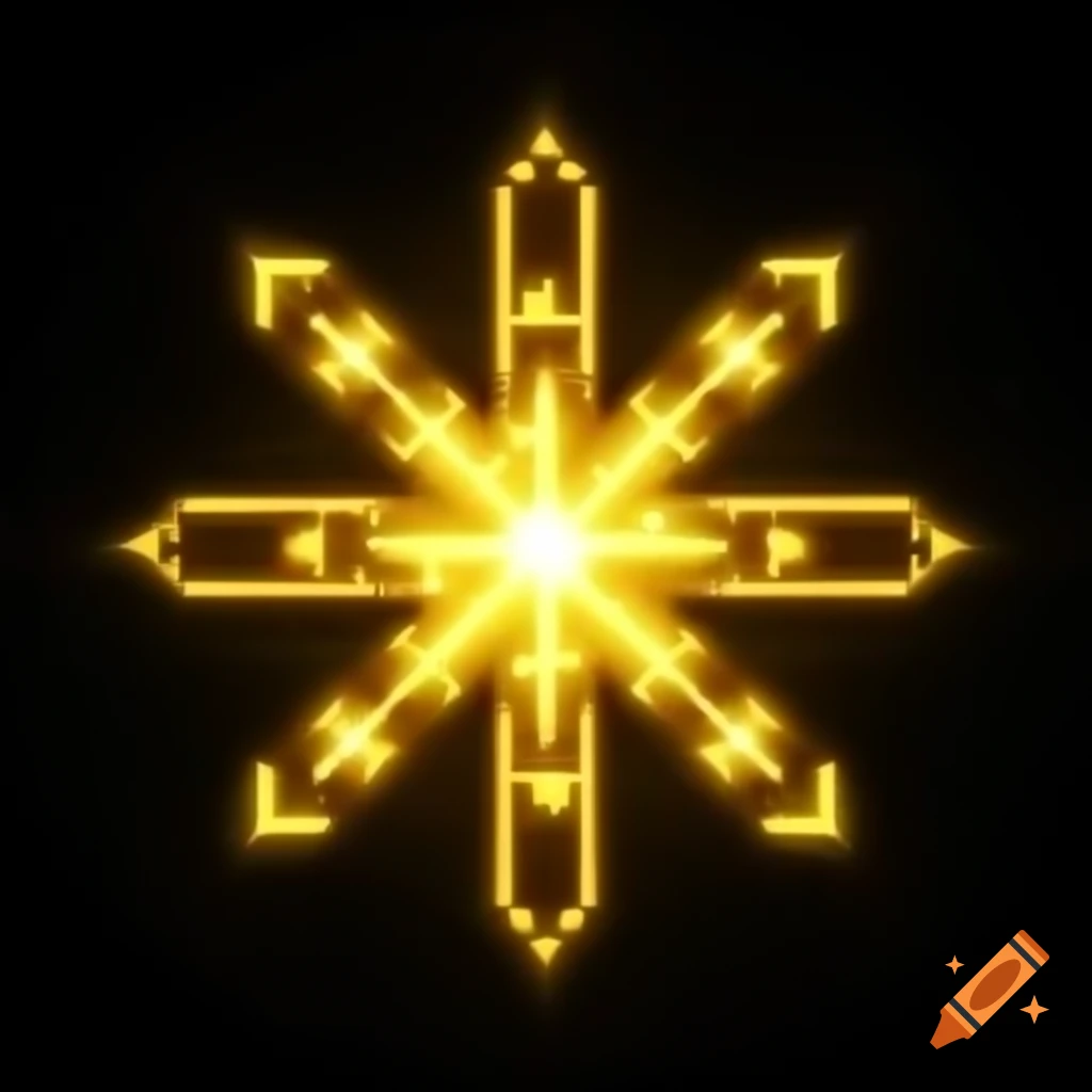 Glowing yellow rune starburst on black pixelated background on Craiyon
