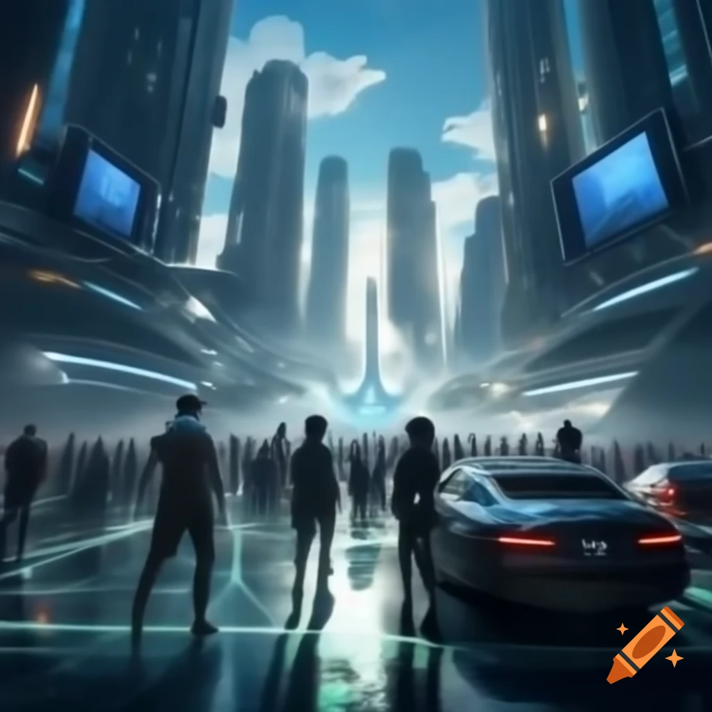 People dancing at cyber concert in futuristic city with flying cars on ...