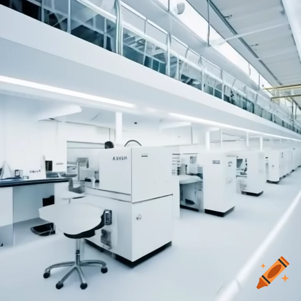 Futuristic two-level white laboratory filled with advanced machinery ...