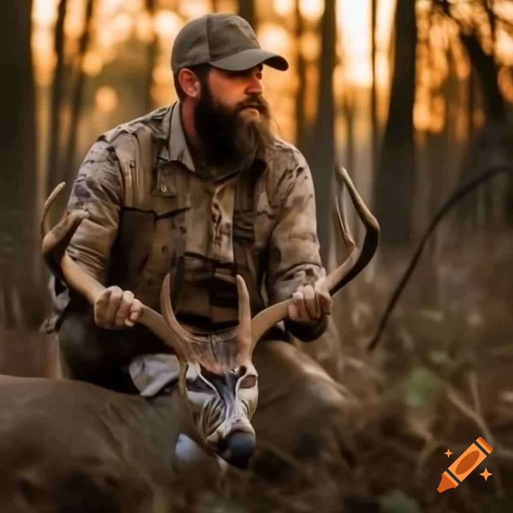 Bearded man hunting for deer in Mississippi woods during sunrise on Craiyon
