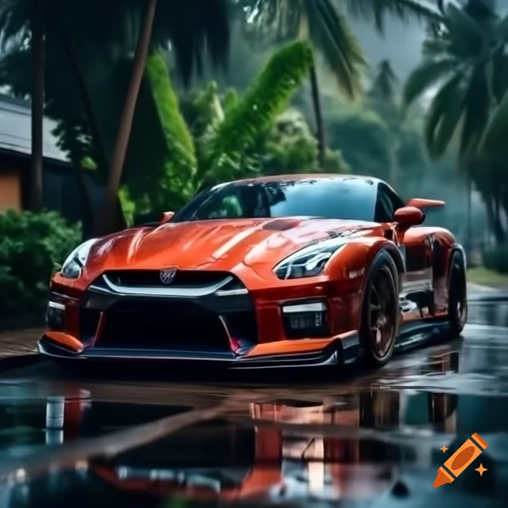 Nissan GTR R35 in rain among coconut trees in village on Craiyon