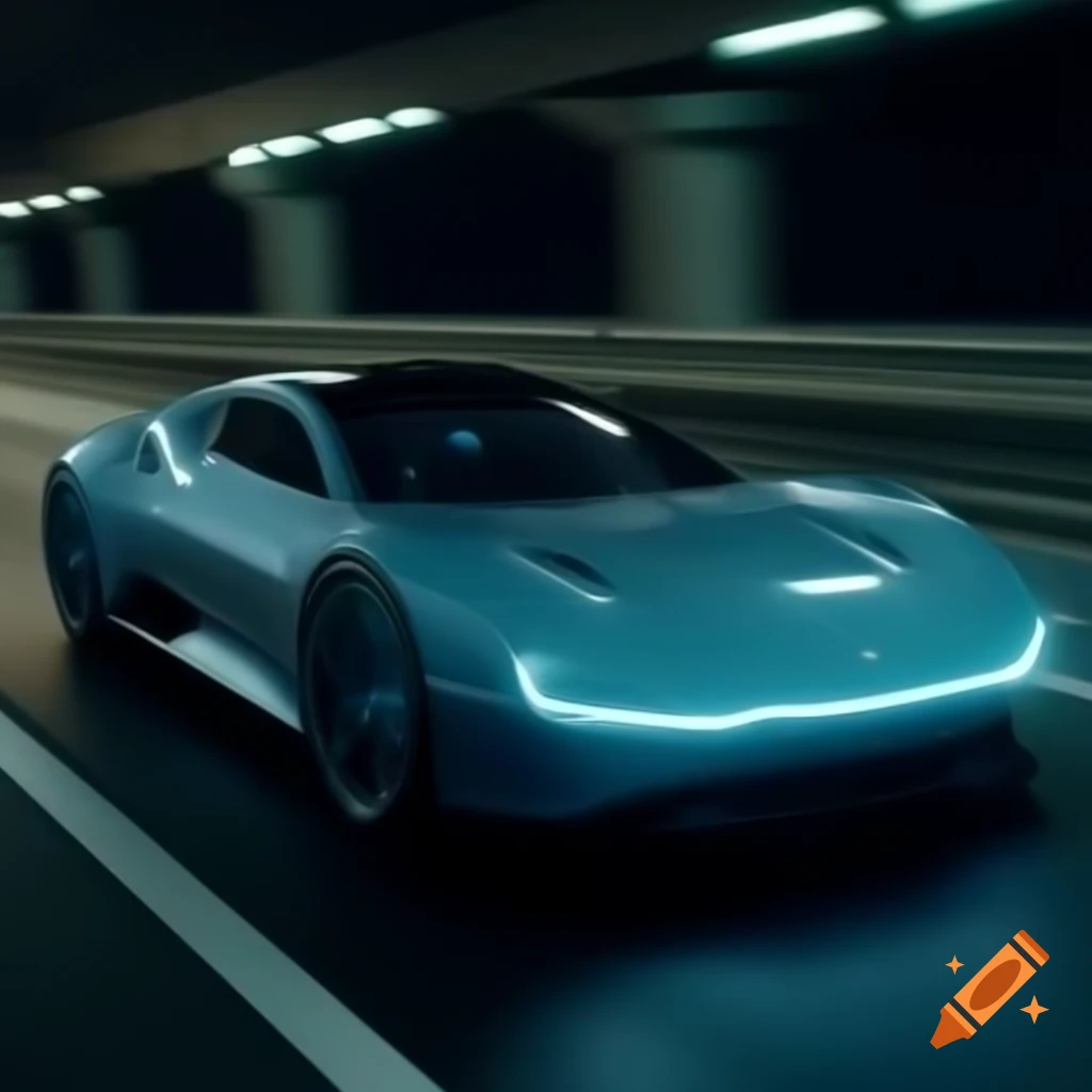 Futuristic pale blue car speeding on empty night highway on Craiyon