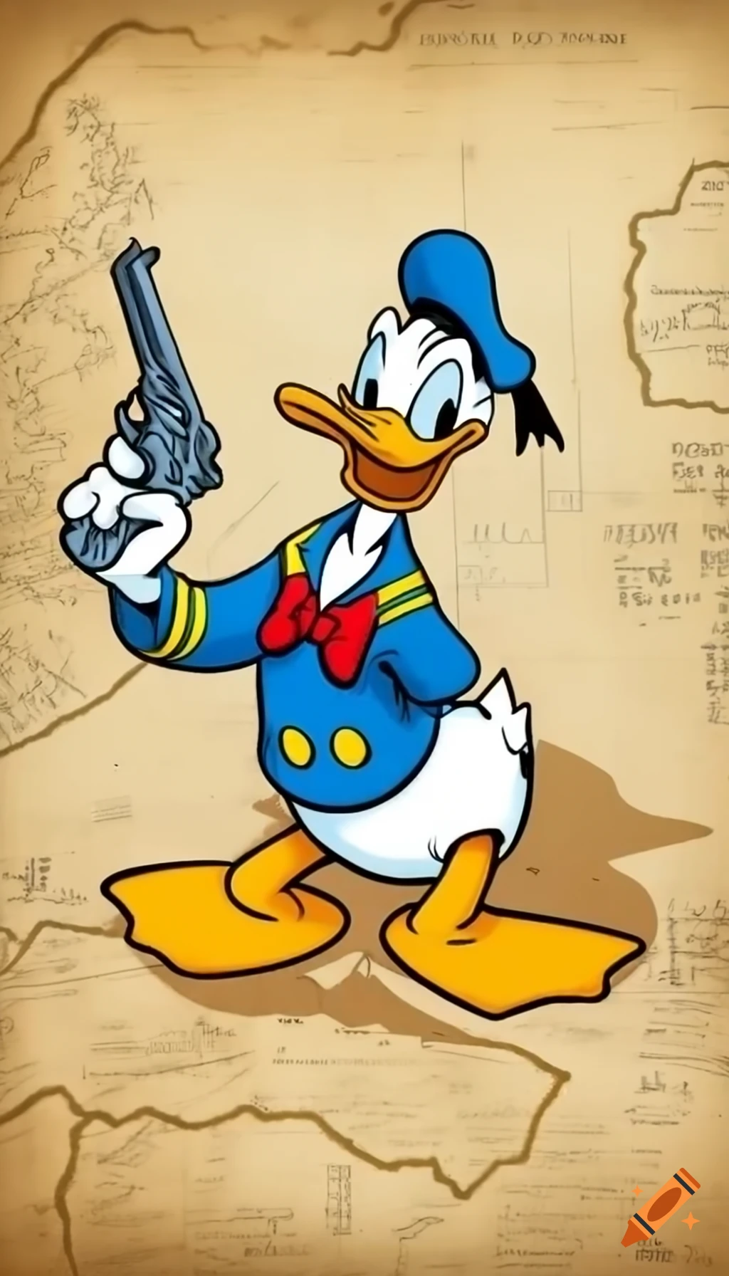 Donald Duck dressed as Indiana Jones with a pistol and plunger on a ...