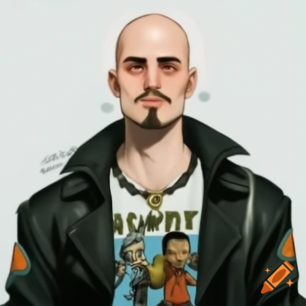 Bald man with broad shoulders and black van dyke beard on Craiyon