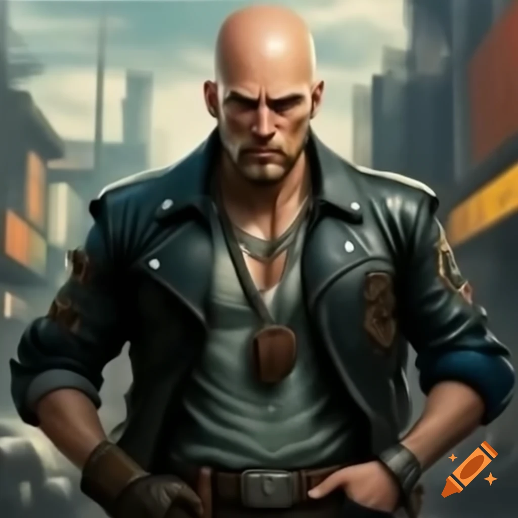 Bald man in early 30s with grey eyes and black van dyke beard on Craiyon