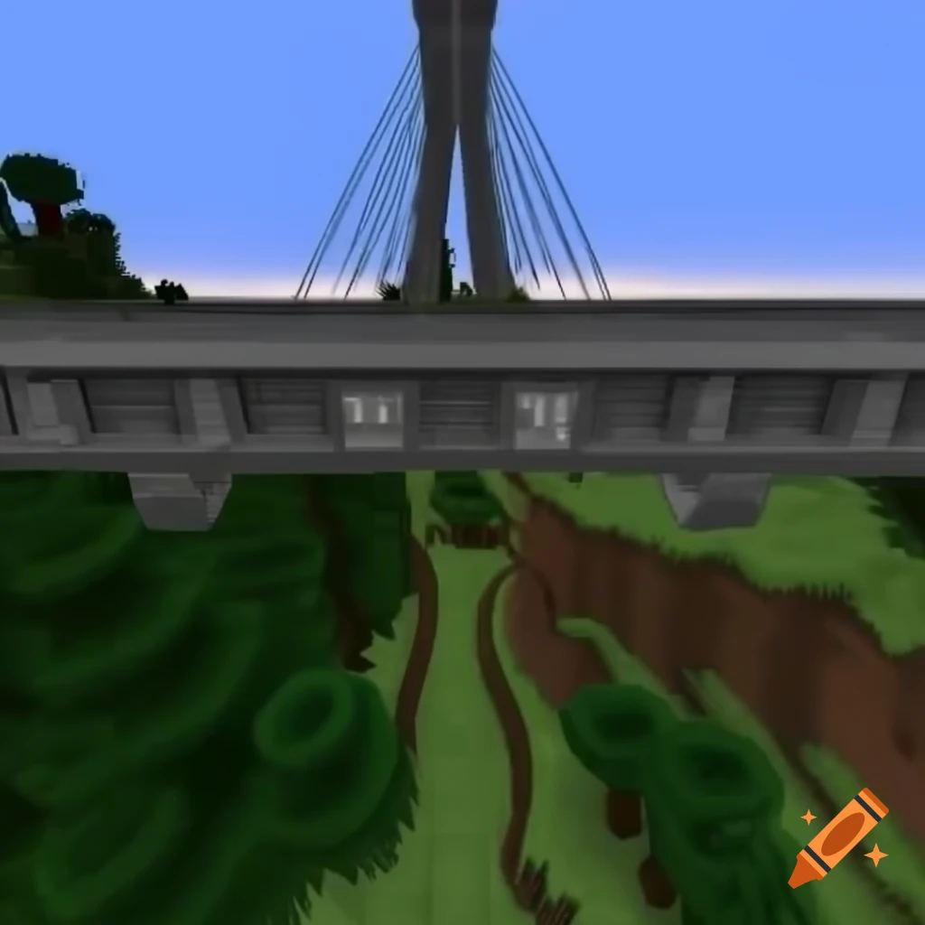 Overpass with 'bridge' sign and Minecraft skyscraper background on Craiyon