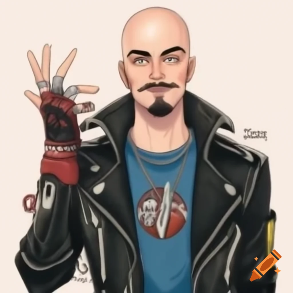 Bald man with grey eyes and black van dyke beard, average build on Craiyon