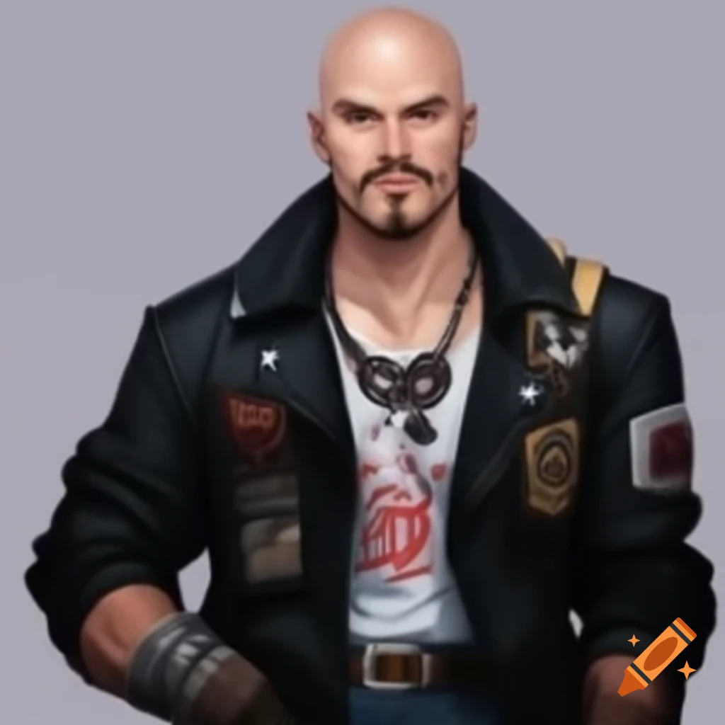 Bald man with broad shoulders, grey eyes, and van dyke beard on Craiyon