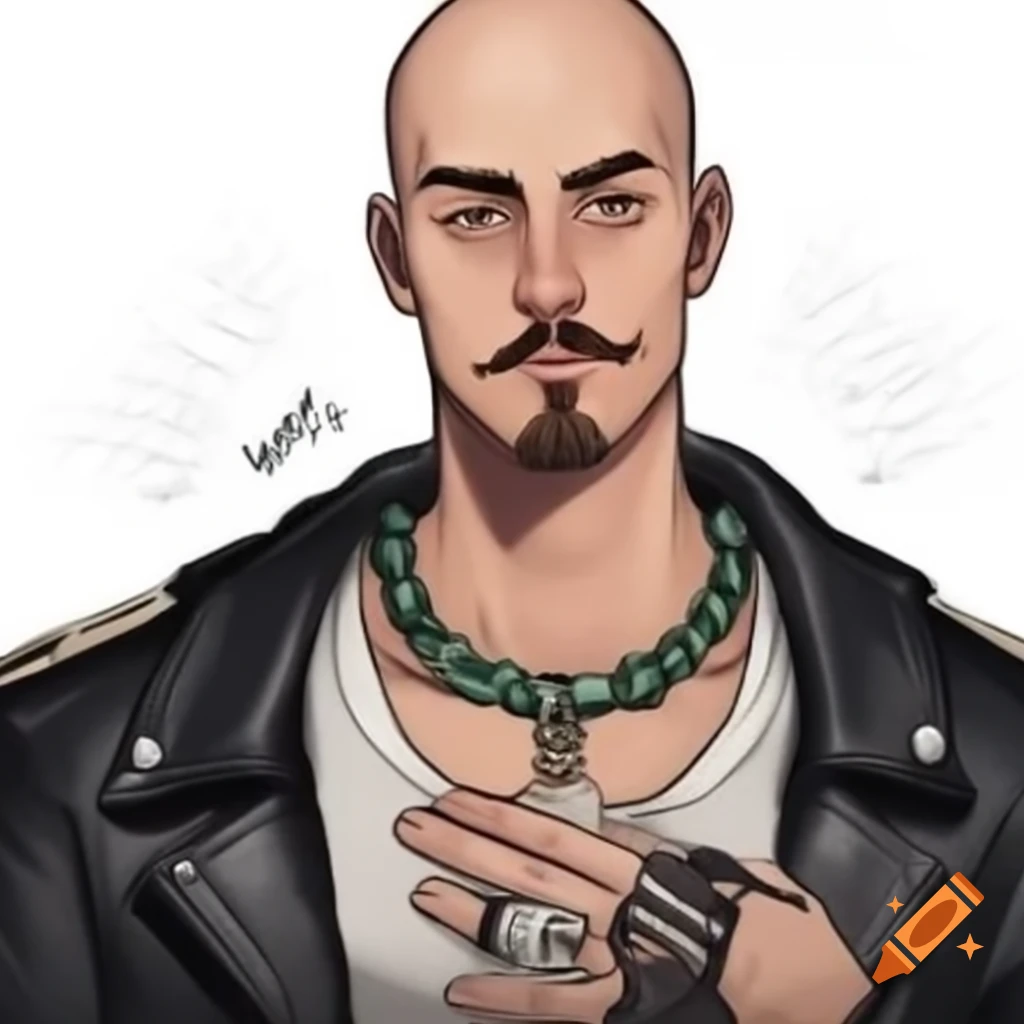 Portrait of a bald man in his early 30s with grey eyes and a black Van ...