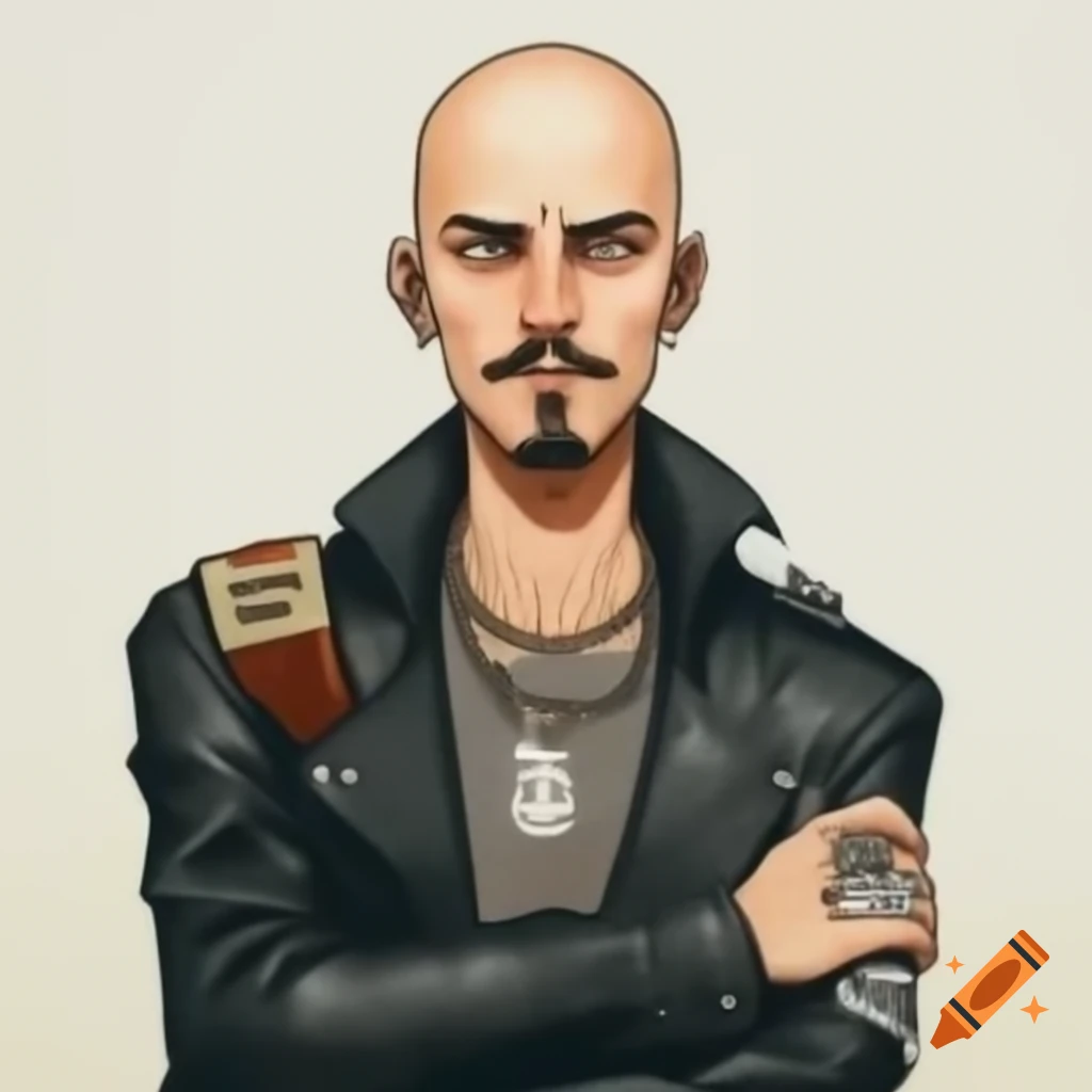 Bald man in early 30s with grey eyes and black van dyke beard on Craiyon