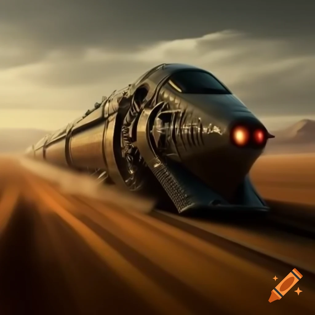 Futuristic bullet train in desert with alien creature in background on ...