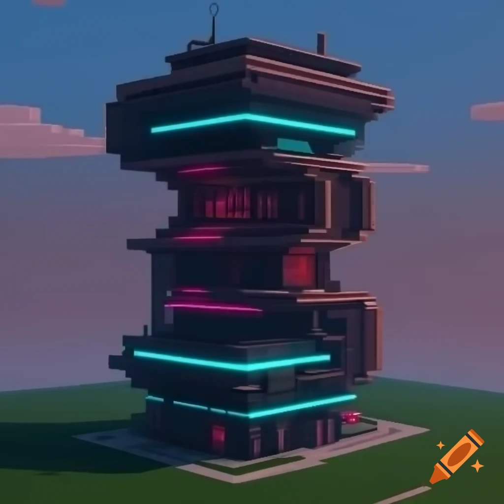 Minecraft-style cyberpunk building on Craiyon