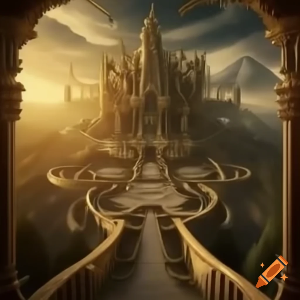Majestic fortress of asgard in psychedelic art nouveau style with ...