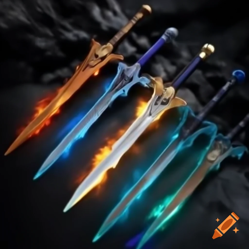 Legendary elemental swords representing air, earth, water, and fire on ...