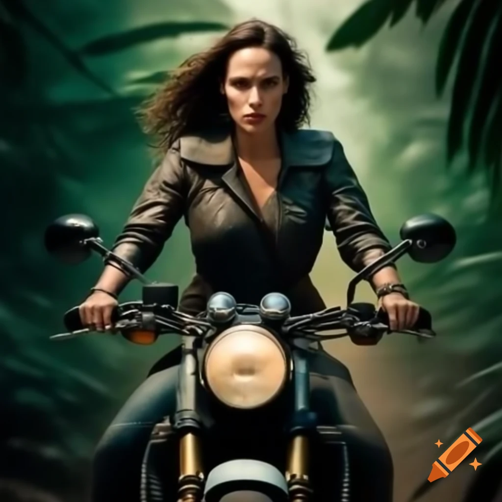 Adventure heroine riding motorcycle in photorealistic style on Craiyon