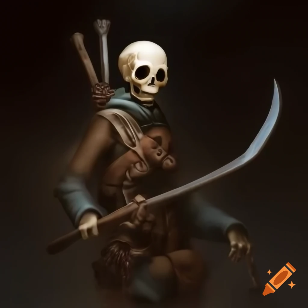 Rpg fantasy style skeleton in leather boots holding a scimitar on Craiyon
