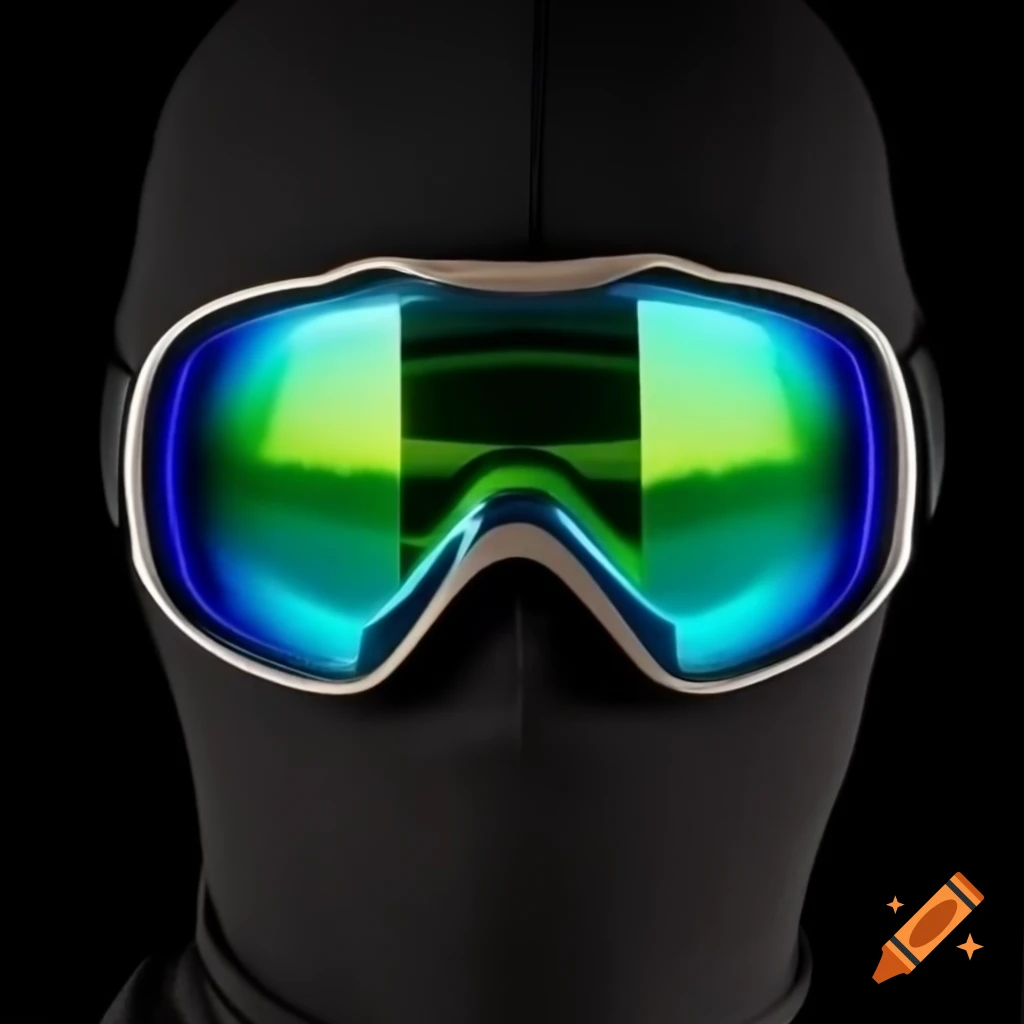 Black ski mask and blue reflective goggles with green tint, capturing ...