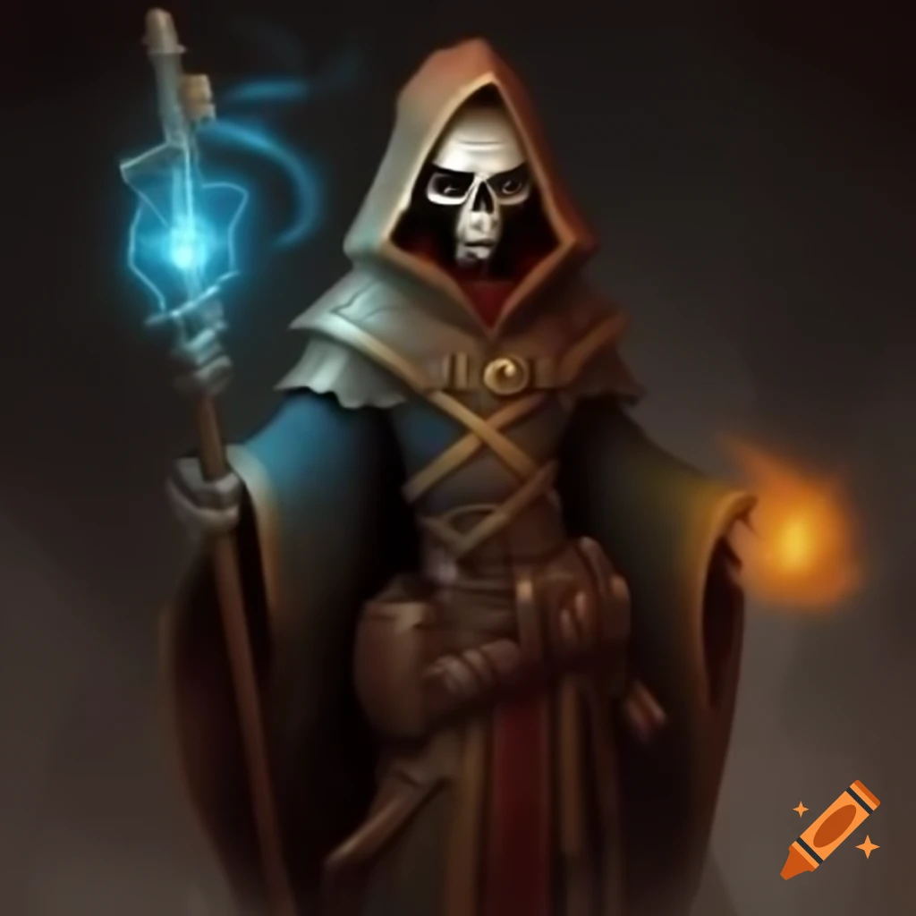 Skeleton mage in robe wielding wizard staff with magical details on Craiyon