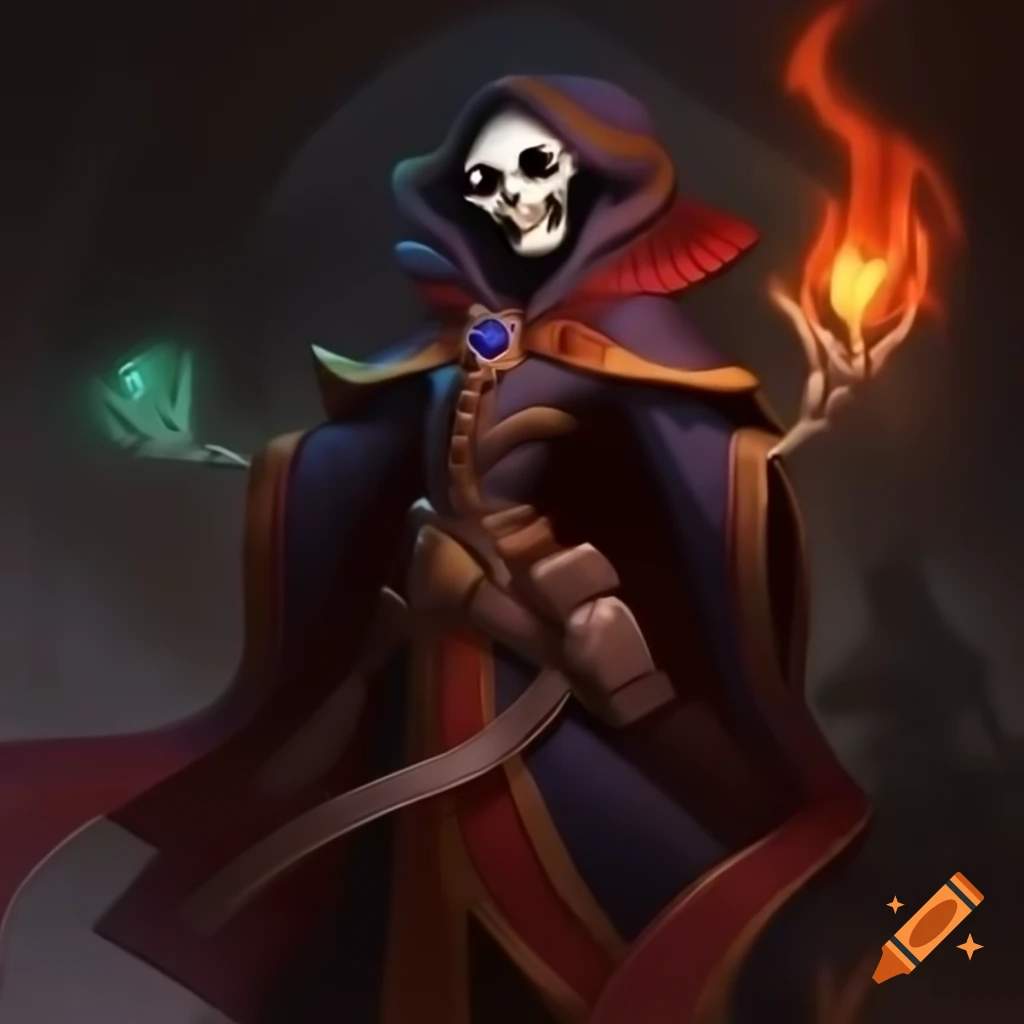 Skeleton mage in robe wielding wizard staff with magical details on Craiyon