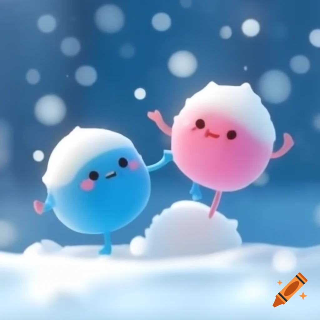 Colorful mochi balls in blue and pink dancing in the snow on Craiyon