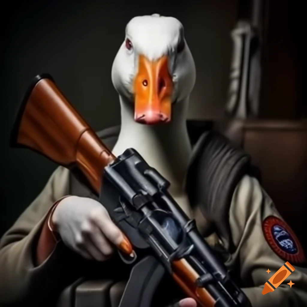 Angry goose honking with an AK-47 in a comical scene on Craiyon
