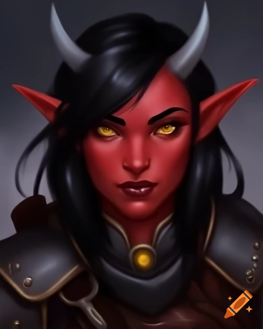 Fantasy DND portrait of female Tiefling with red skin and black horns on Craiyon