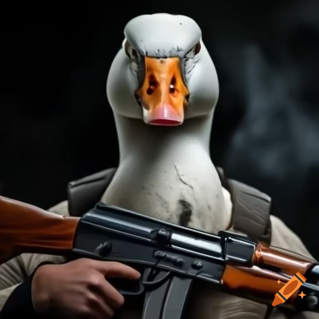 Angry goose honking with an AK-47 in its grasp on Craiyon