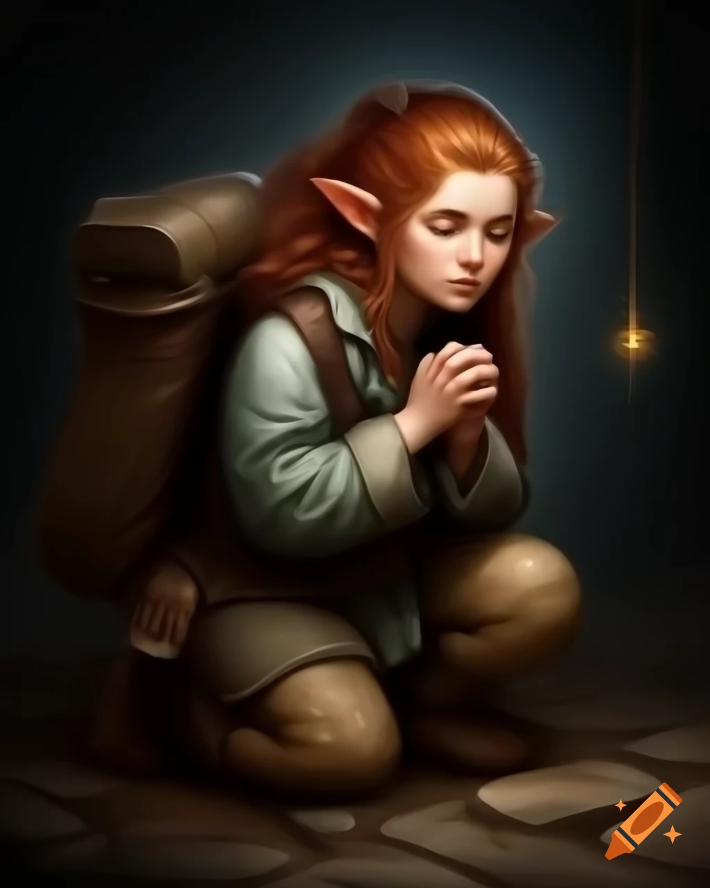 Female dwarf kneeling in prayer surrounded by holy power, fantasy ...