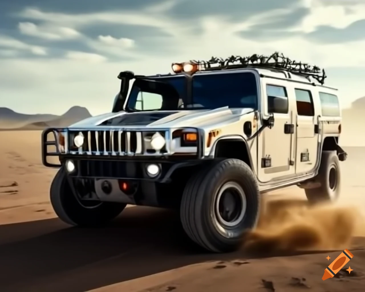 White hummer h1 with led lights and cargo racks driving in desert ...