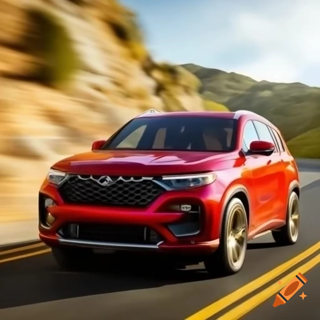 Vibrant red SUV driving on sun-drenched roadway on Craiyon