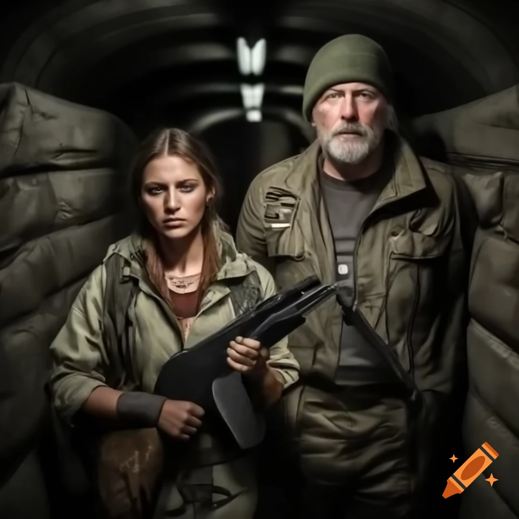 Man and woman in survival clothing inside underground bunker with ...
