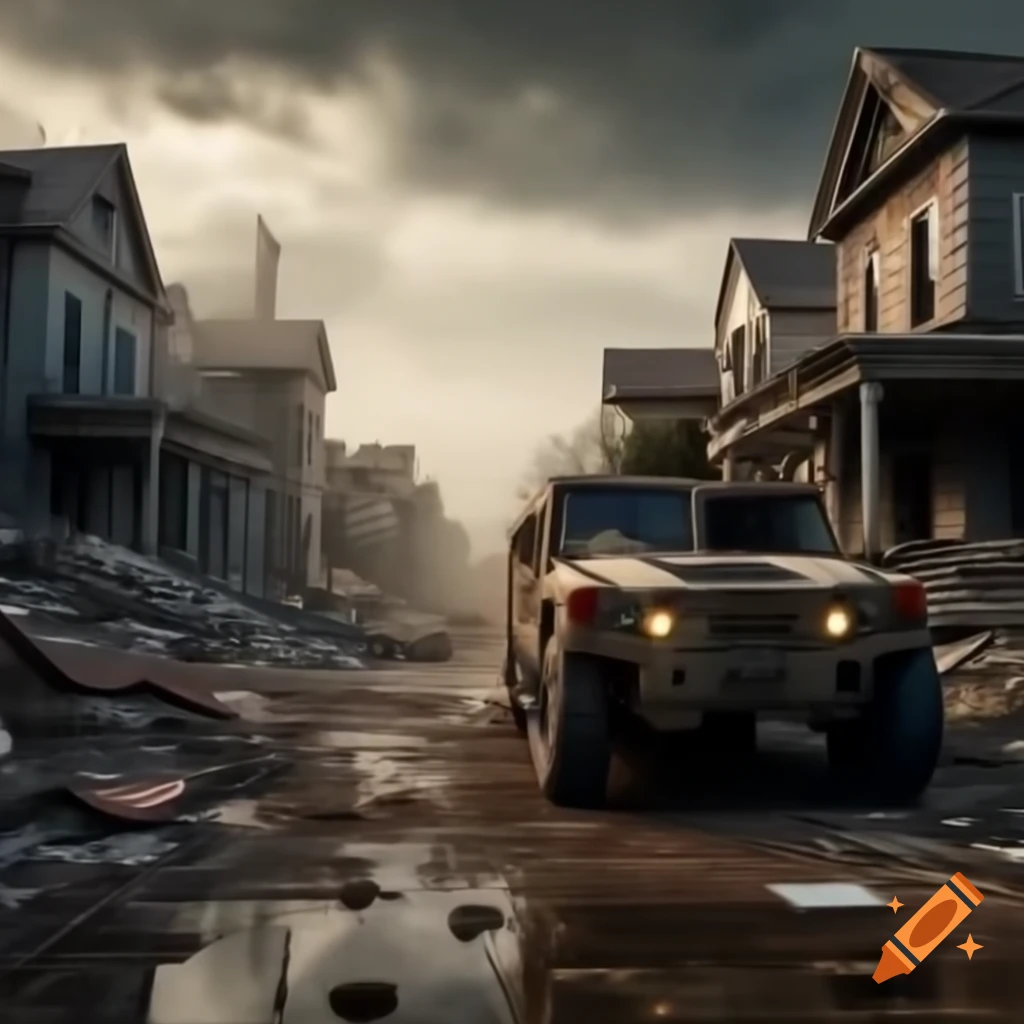 Post-apocalyptic streetscape with dilapidated homes and modified hummer ...