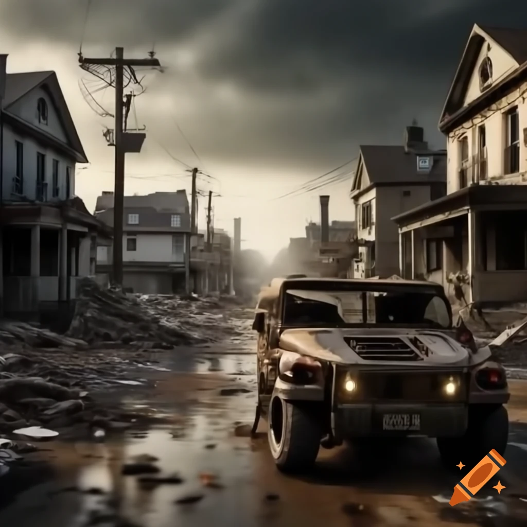 Post-apocalyptic streetscape with dilapidated homes and modified hummer ...