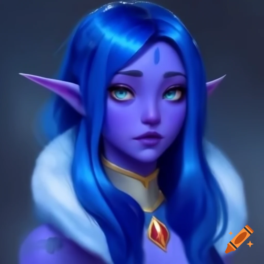 Anime girl elf with blue hair and purple skin wearing winter coat and ...