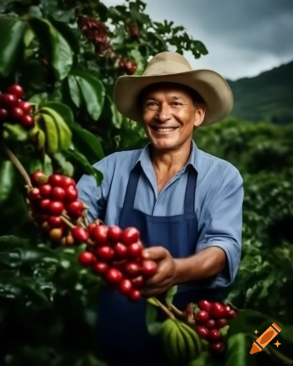 Colombian coffee farm with farmer picking ripe coffee under sunny sky ...