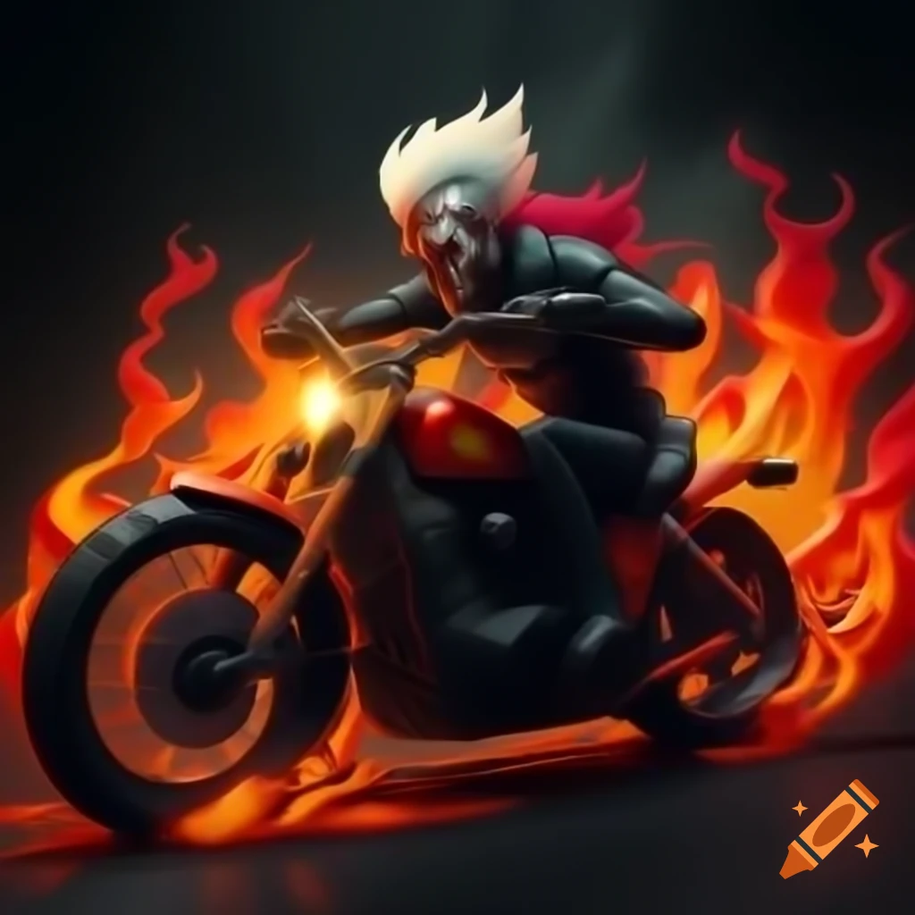Biker with flaming skull head and mohawk on trail motorcycle, vibrant ...