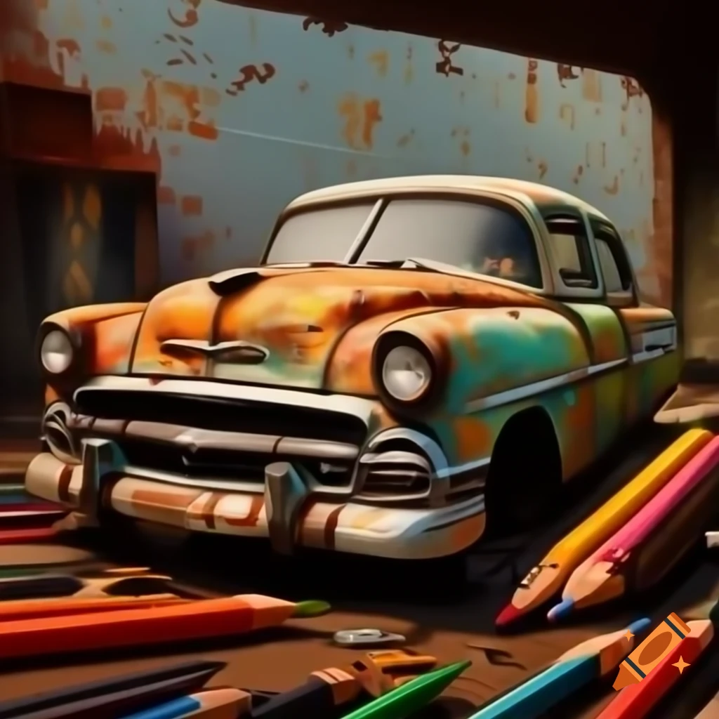 Realistic color pencil drawing of a rusty abandoned 1960s car on Craiyon
