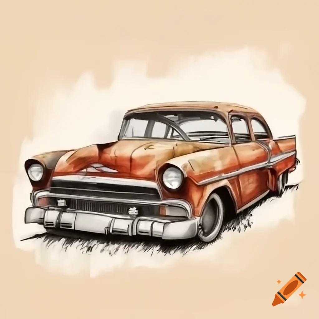 Realistic colored pencil drawing of a weathered classic 1960s ...