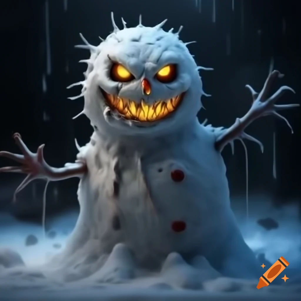 Evil smiling melting snowman with sharp teeth and glowing eyes in a ...