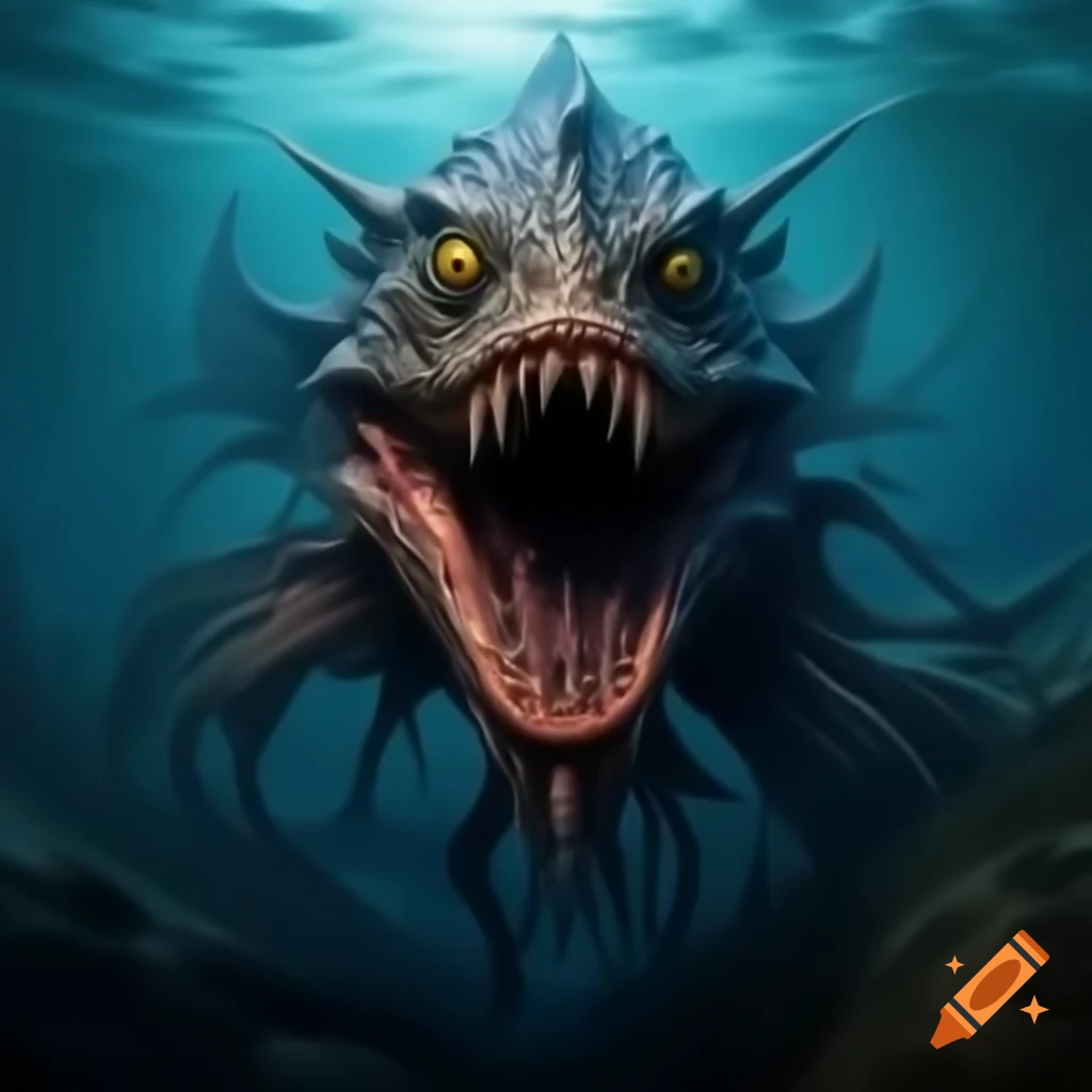 Giant shadow fish creature with sharp teeth and glowing eyes emerging ...