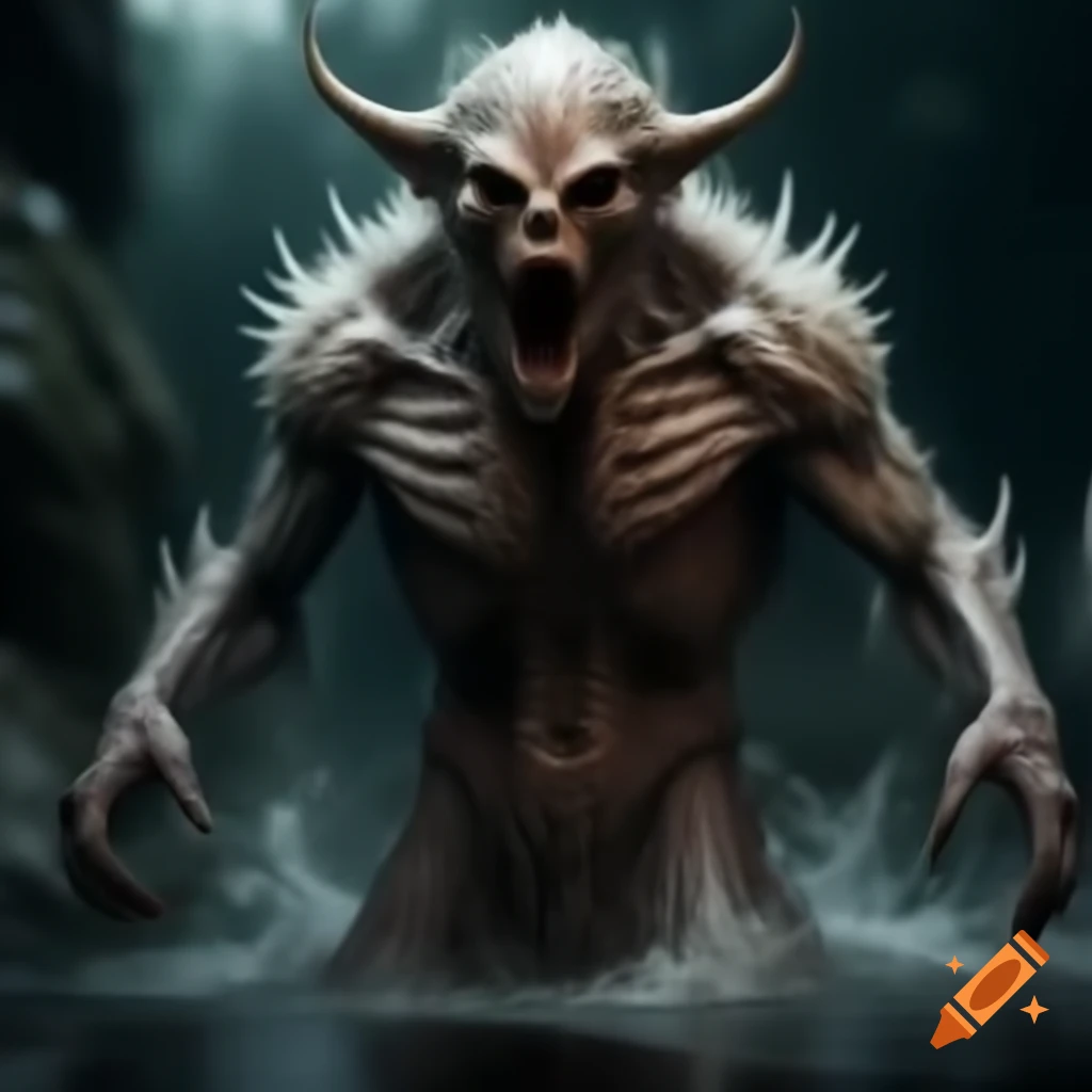 Creepy ghost creature with sharp teeth and horns emerging from lake ...